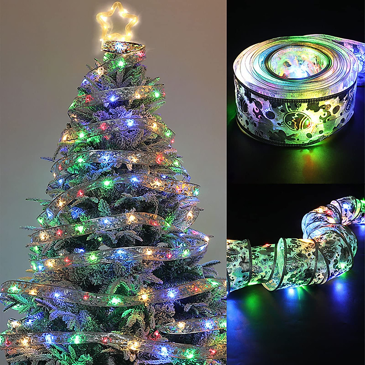 Christmas Tree Ribbon Lights,13ft Fairy LED String Lights Copper Wire Battery Powered Gold Silver Ribbon String Lights Christmas Decor for Party Weddings New Year Christmas Tree Decorations