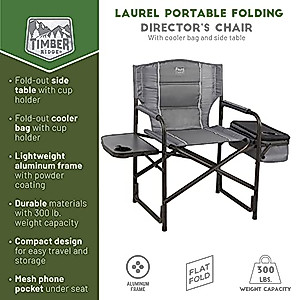 TIMBER RIDGE Lightweight Camping Chair, Portable Laurel Director's Chair with Foldable Side Table, Cooler Bag & Mesh Pocket, Compact Outdoor Folding Lawn Chair, Supports 300lbs, Grey