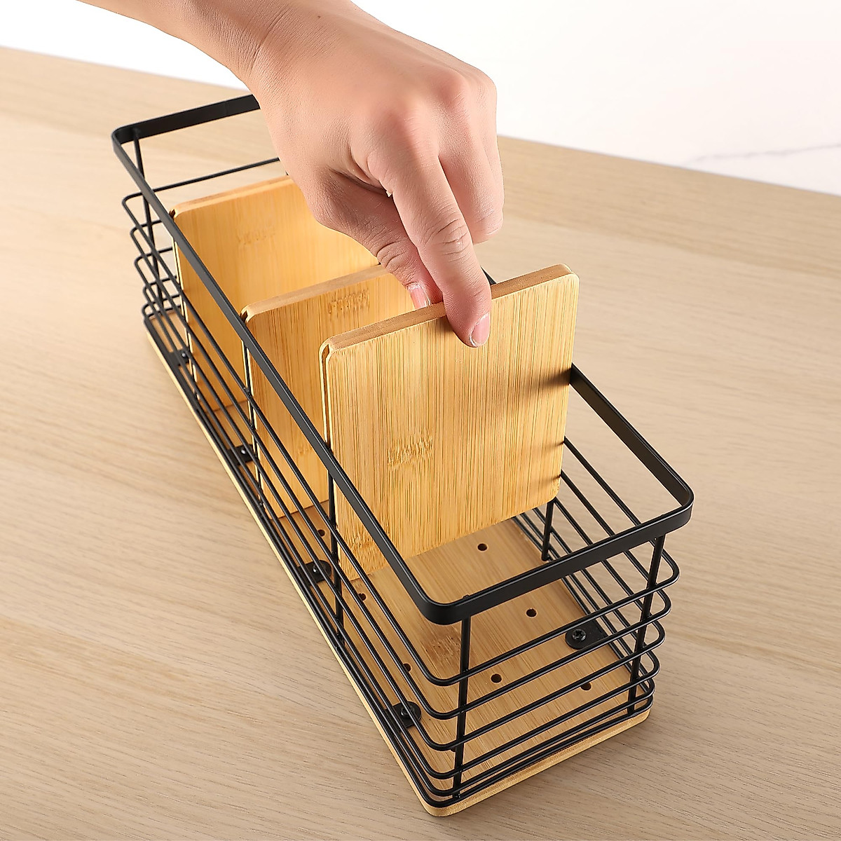 ALOCEO Kitchen Utensil Holder for Countertop - Large Matte Black Utensil Holder with Wooden Base - Multifunctional Farmhouse Cooking Utensil Organizer, Rustic Cooking Utensil with 4 Compartments