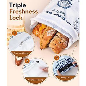 2 Pack Bread Bags for Homemade Bread, Reusable Sourdough Bread Bags for Fresh Keeping, Beeswax Bread Bags for Sourdough with Lining & Zipper, Freezer Safe & BPA Free, for Gift Giving, White & Blue