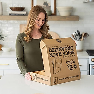 Bamboo Spice Rack Organizer For Kitchen Drawer, Countertop & Cabinet - Sturdy Wood Shelf Seasoning Rack with Wooden Spoon - 3 Tiered, Foldable Storage Standing with Anti-Slip Pads (No Jars Included)