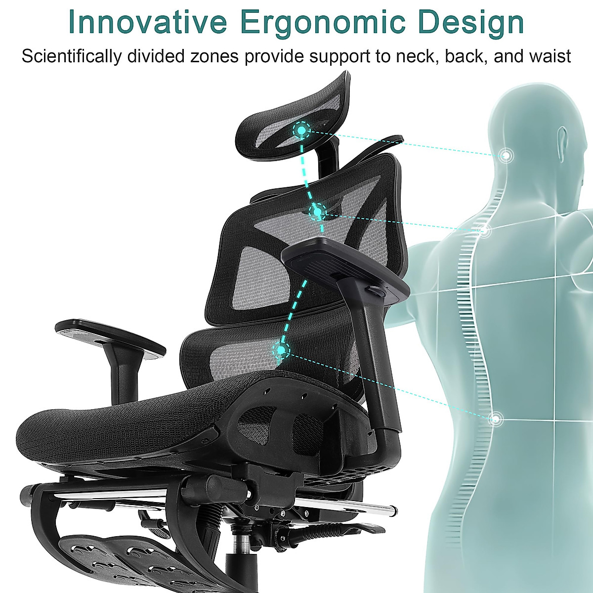 VECELO Swivel Ergonomic High Back Mesh Office Chair with Retractable Footrest, Adjustable Backrest, Tilt Function, 3D Armrests & Headrest, Lumbar Support for Executive/Computer Desk/Task Work, Black