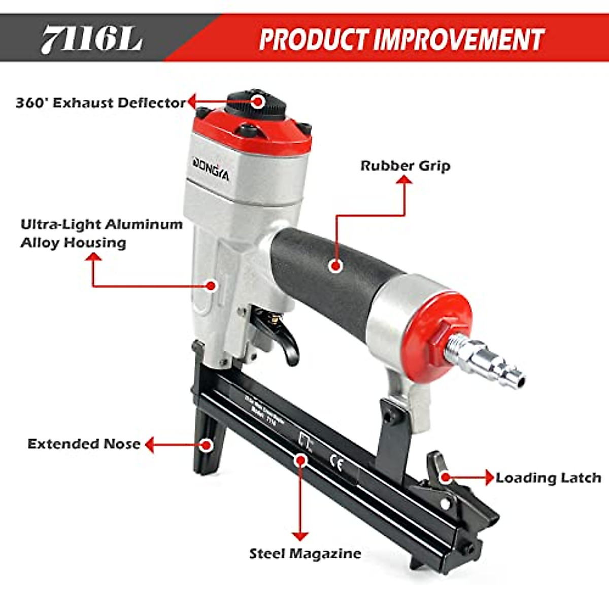 Dongya 7116L Pneumatic Upholstery Stapler with Long Nose, 22 Gauge 3/8'' Crown, 1/4''to 5/8'' 3/8'' Length Fine Wire Crown Stapler, Air Power Staple Gun for Furniture & Wood & Upholstering