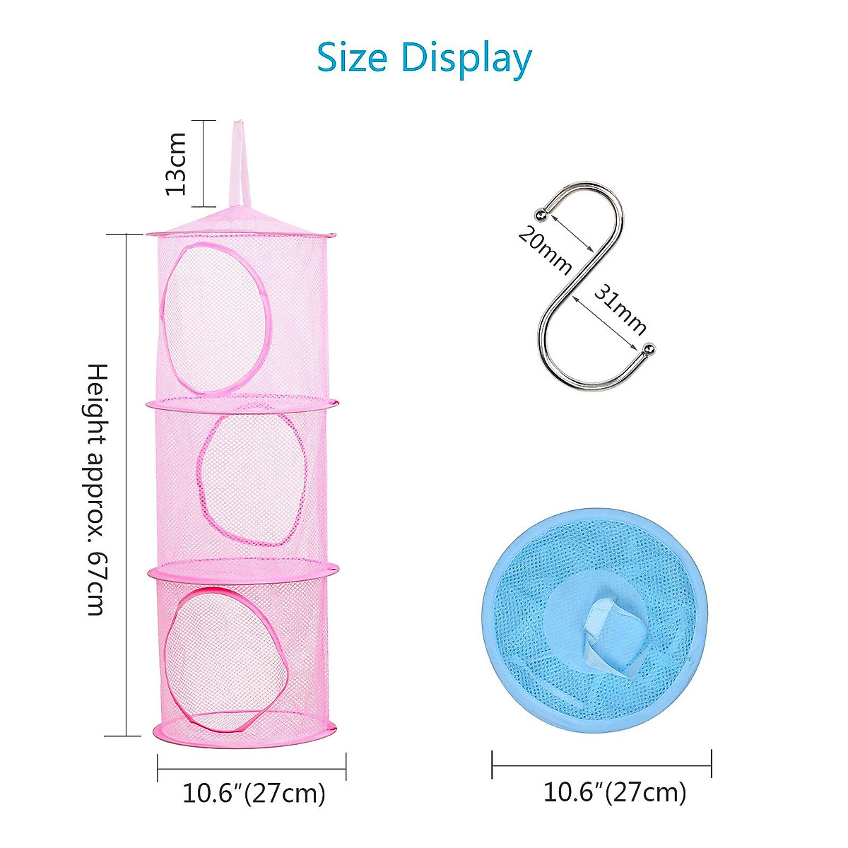 LANMOK 3pcs Hanging Mesh Storage Basket Foldable Space Saving Toy Organizer With 3pcs S hooks for Kids Room Bathroom Wall Balcony Wardrobe