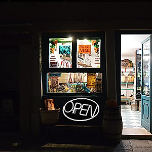 AMEVRGTHS Open Neon LED Sign Light for Business Window, 8 LED Lighting Modes, 16"x 10", Battery/USB Powered with Remote Control Adjustable Brightness for Door Sign Birthday Party Christmas (White)