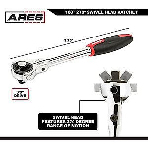 ARES 42022 – 3/8-Inch Drive 100-Tooth Swivel Head Ratchet - 270 Degree Swivel Action - Comfort Grip TPR Handle - Quick-Release Head Design – Chrome Vanadium Steel Construction – Mirror Polish Finish
