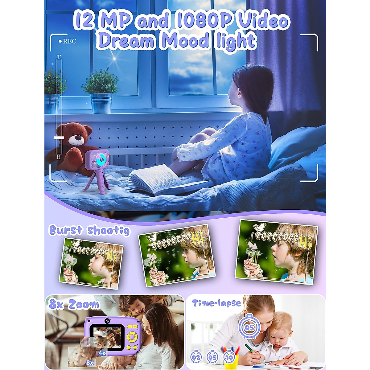 MIIULODI Kids Camera, Christmas Birthday Gift for Kids 3-12 Year Old Girl Boy 2.4 Inch Time-Lapse Video Record Scientific Children Digital Cameras Toddler Night Light Toys for 4 5 6 7 8 Year Old