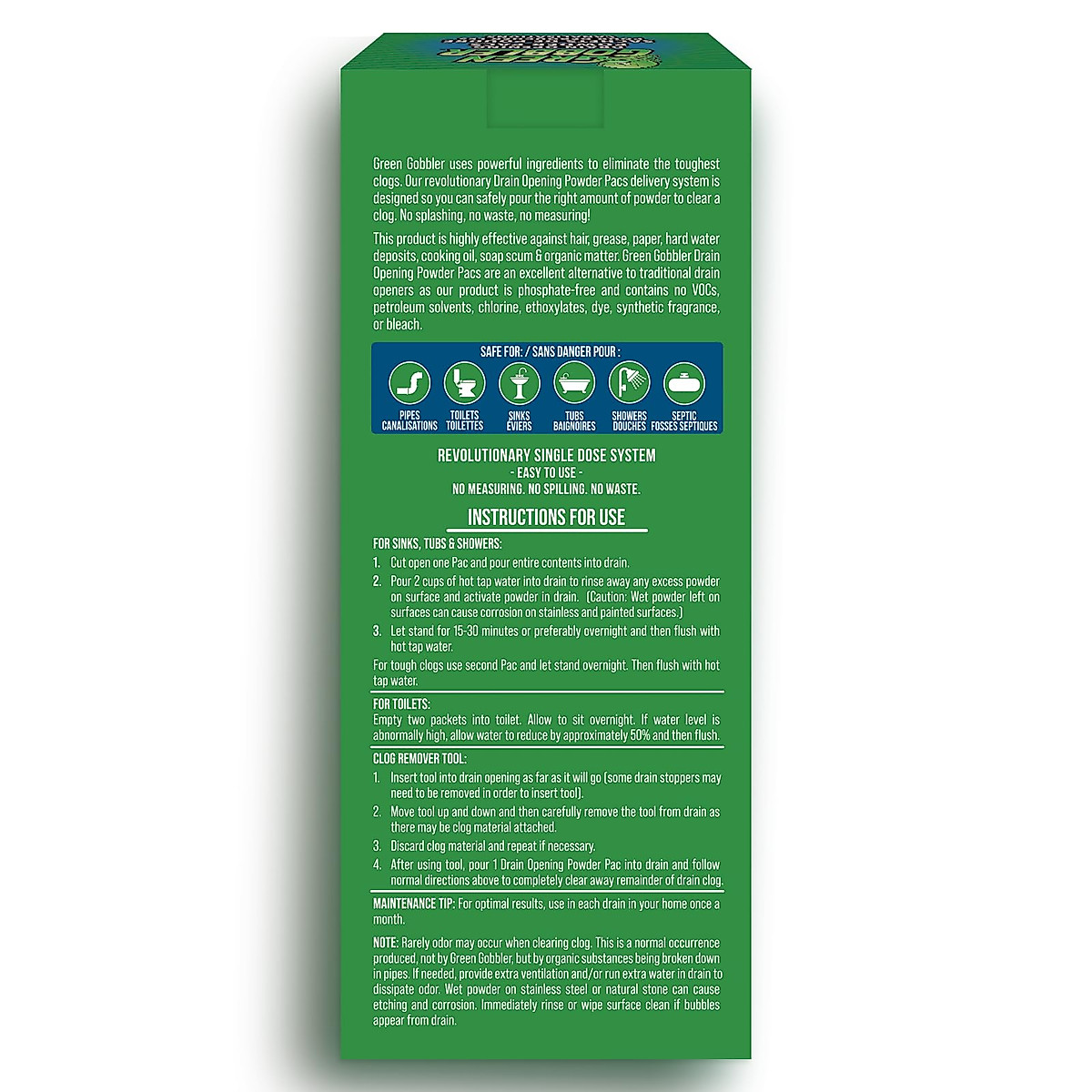 Green Gobbler Drain Clog Remover PAC'S | 5 Drain Opening Pacs & 5 Hair Drain Snake Tools | Best Drain Cleaner and Clog Remover