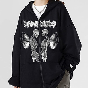 CosTribe Women's Y2K Zip Up Hoodies Novelty Aesthetic Skeleton Graphic Pullover Casual Cardigan Sweatshirt Tops with Pocket (Black,XXL)