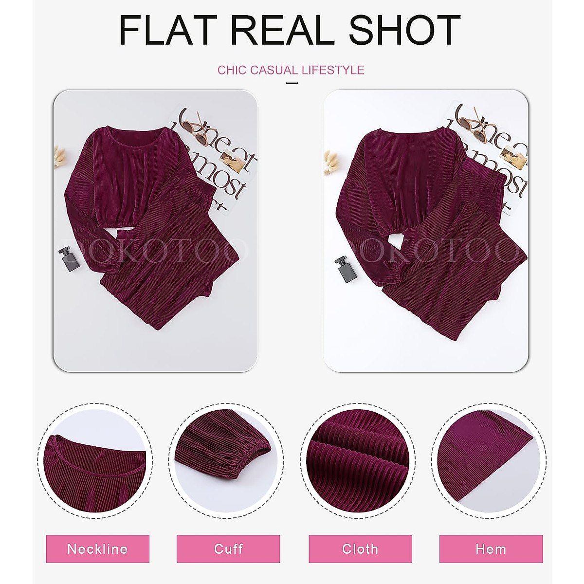 Dokotoo Womens Two Piece Outfits Casual Crew Neck Long Sleeve Tops 2 Piece Fall Outfits for Women Solid Wide Leg Pants Set 2024 Trendy Wedding Guest Sweatsuit Palazzo Pants Tracksuit L Red