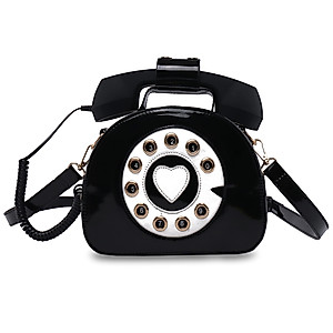 Fozehlad Novelty Telephone Shaped Shoulder Bag Funny Retro Phone Crossbody Bag Totes Chain Purse(Patent Leather,Black)