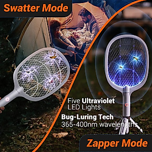 YsChois Electric Fly Swatter Racket, Rechargeable Fly Zapper - 4000 Volt, Exclusive 2-in-1 Bug Zapper Racket - USB Charging, 1800mAh Li-Battery, Indoor & Outdoor Use, White
