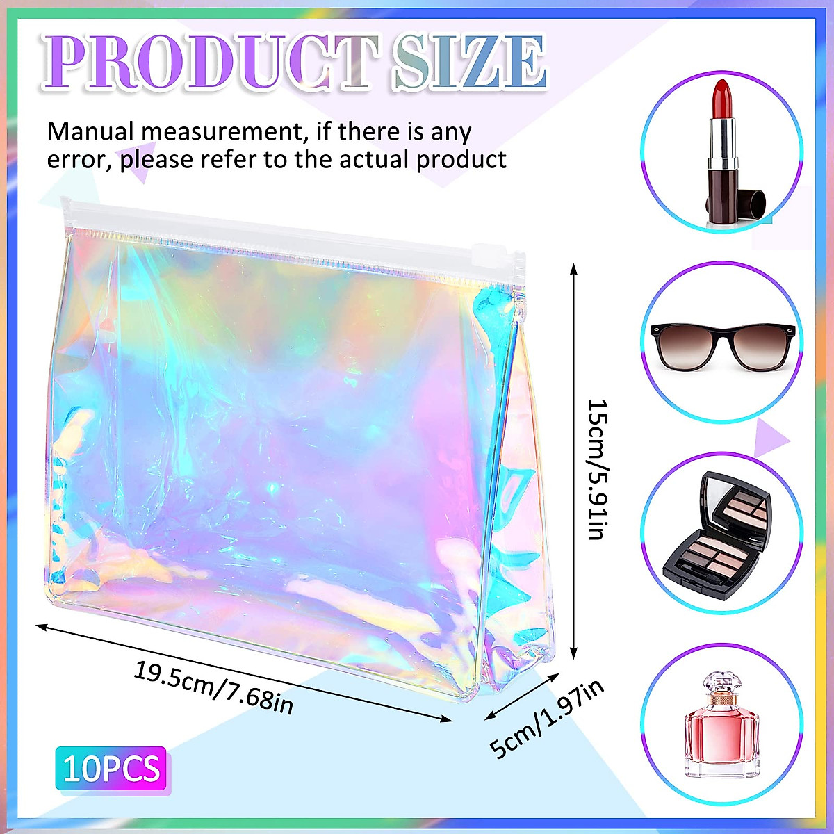 Dunzy 10 Pcs Holographic Iridescent Makeup Bag Portable Waterproof Cosmetic Makeup Pouch Cute Zippered Toiletry Bag Clear Cosmetic Bags for Travel Women Girls