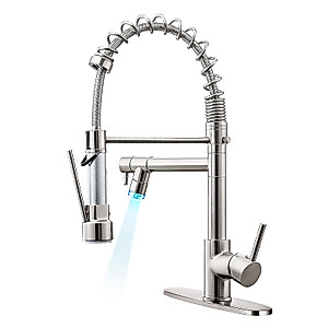 Qomolangma Commerical Kitchen Faucet with Pull Down Sprayer, Single Handle Kitchen Sink Faucet with LED Light 2 Spout, with Deck Plate Brushed Nickel