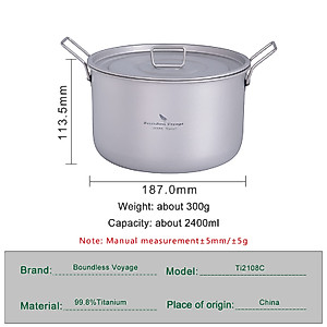 Boundless Voyage Camping Cookware Lightweight Cooking Pot Set Titanium Pot Portable for Outdoor Cooking Traveling Hiking Trekking Backpacking, 1-5 Person (2.4-Pot)