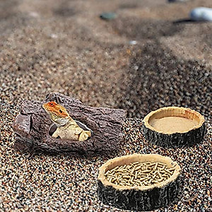 Reptile Hide, Reptile Food Bowls, Lizard Resin Hollow Tree Trunk Hideout, Bearded Dragon Tank Accessories Reptile Water Dish Habitat Tank Decoration for Lizards, Snake, Gecko, 3 Pcs (Brown Rock)