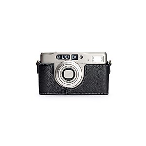 Contax TVS II Case, BolinUS Handmade Genuine Real Leather Half Camera Case Bag Cover for Contax TVS II Camera with Hand Strap (Black)