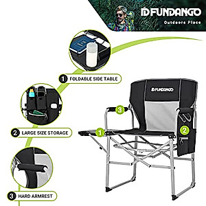 FUNDANGO Camping Directors Chair with Side Table for Outdoor Portable Lightweight Camping Lawn Chairs with Storage Pockets Carry Straps for Camp Hiking Fishing Sports Adults Outside Black