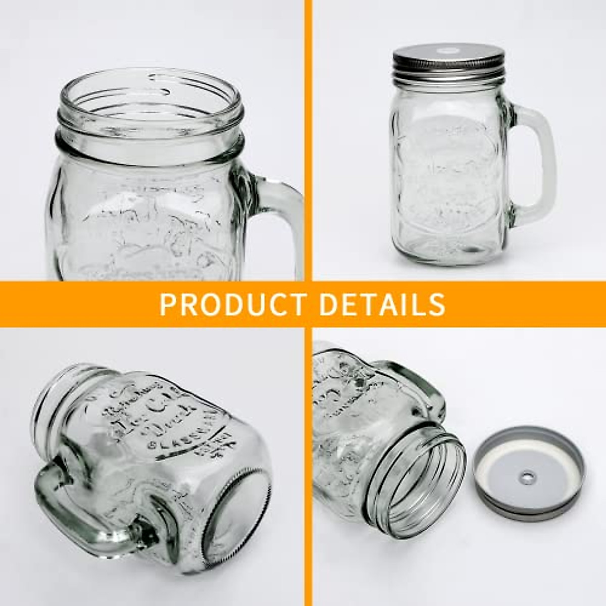 Mason Jars with Handle,16 OZ Old Fashioned Drinking Jars,Clear Mason Mugs Drinking Glass Cups with Lids and Straws Set of 12 for Beverages,Mixed Drinks,Soda,Kombucha