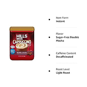Hills Bros. Instant Cappuccino Mix, Sugar Free Double Mocha (12 Oz, Pack of 1) – Convenient and Versatile, Instant Hot or Iced Coffee, Frothy & Rich Chocolate Flavor - Just Add Water