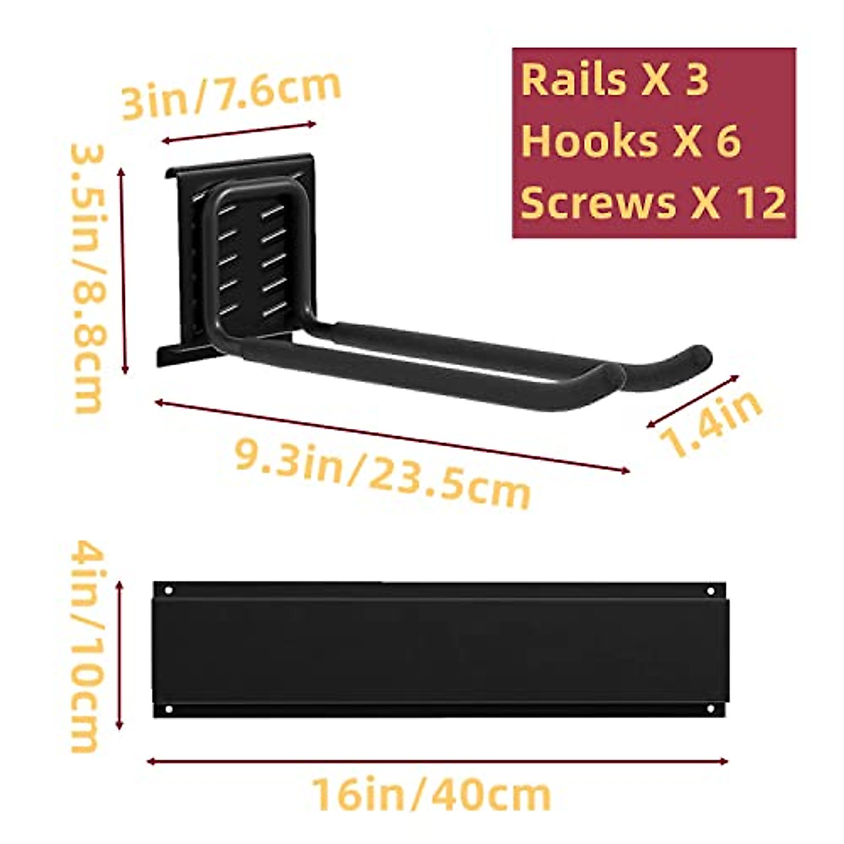 Nisorpa 9Pcs Garage Tool Storage Rack, Wall Mount Garden Tool Organizer Adjustable Tool Holder 48 Inch Storage System, Max Load 400 lbs for Trimmers, Broom, Mop, Rake Shovel, Hoses (6 Hooks, 3 Rails)