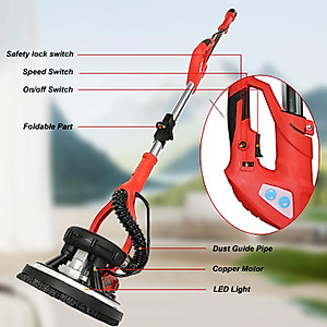 Drywall Sander, 850W Electric Drywall Sander with Vacuum Dust Collection, 7.2A Floor and Popcorn Ceiling Removal Tool, 6 Variable Speed 900-1800RPM, 16 Sanding Discs,Pure-Copper Motor, IP20 Waterproof