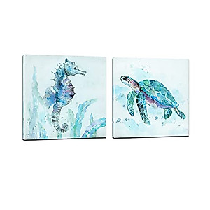 Zessonic Sea Turtle Wall Decor for Bathroom - Teal Sea Turtle And Seahorse Coastal Artwork with Texture Wall Art for Kids Room, Nursery Room, 12"x12"x2
