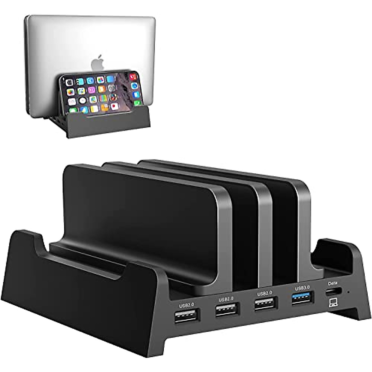 Vertical Laptop Stand with USB Hub, Plastic Dual-Slot Laptop Holder Adjustable Dock Size, Laptop Docking Station with 1 USB-C and 4 USB-A Ports, for All MacBook/Surface/HP/Dell/iPad Up to 17.3 inches