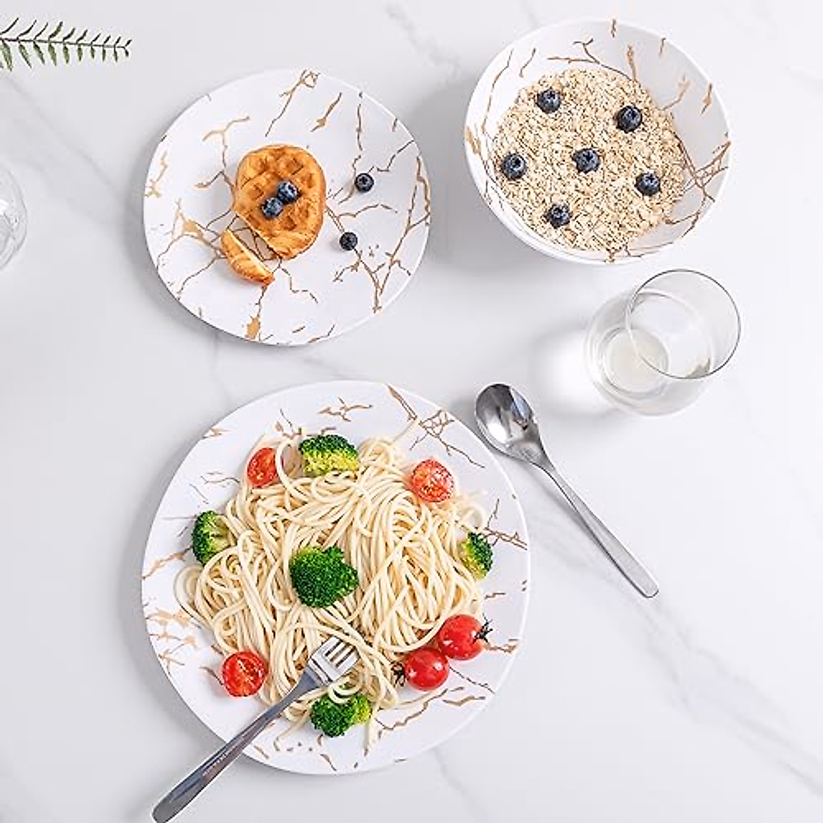 ZAROCRUS 12 pcs Melamine Dinnerware Sets, Marble White Plates and Bowls Set, Lightweight Kitchen Dinnerware Set for Indoor and Outdoor Use, BPA Free and Dishwasher Safes, Service for 4