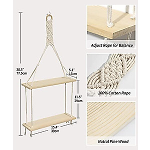 Afuly Macrame Hanging Shelves Wall Floating Shelf Natural Wood Chic Boho Decor 2 Tiers Pine Wood Cotton Rope Beige for Bedroom Bathroom Living Room Decor Ready to Hang, Beige