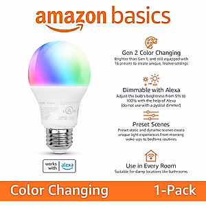 Amazon Basics Smart A19 LED Light Bulb, Color Changing, 9W (60W Equivalent), 800LM, Works with Alexa Only, 2.4 GHz Wi-Fi, No Hub Required, 1-Pack