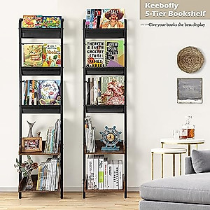 Keebofly Book Shelf,Bookshelf 5-Tiers,Book Shelf for Wall,Magazine Holder Magazine Display Rack,Vinyl Record Storage,Bookcase Storage Organizer for Bedroom Living Room Office Kid Room Classroom