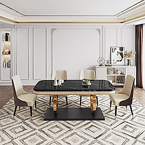 POVISON Dining Table, Black Modern Dining Table for 6, 63'' Rectangular Dining Table with Marble Top for Kitchen & Dining Room, with Unique Stable Luxury Pedestal