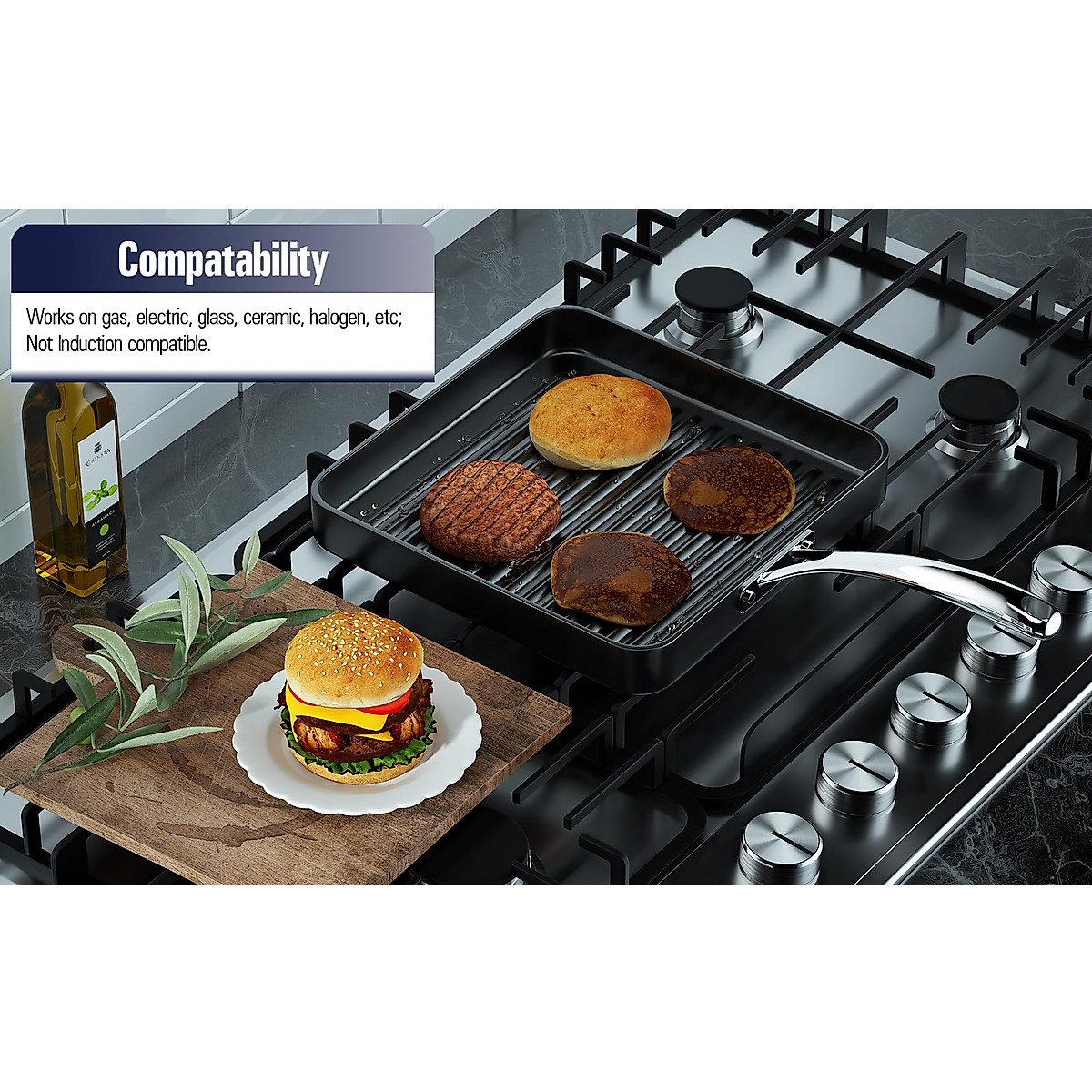 Cooks Standard Nonstick Square Grill Pan 11 x 11-Inch, Hard Anodized Grilling Skillet Pan Cookware for Camping, Home Use