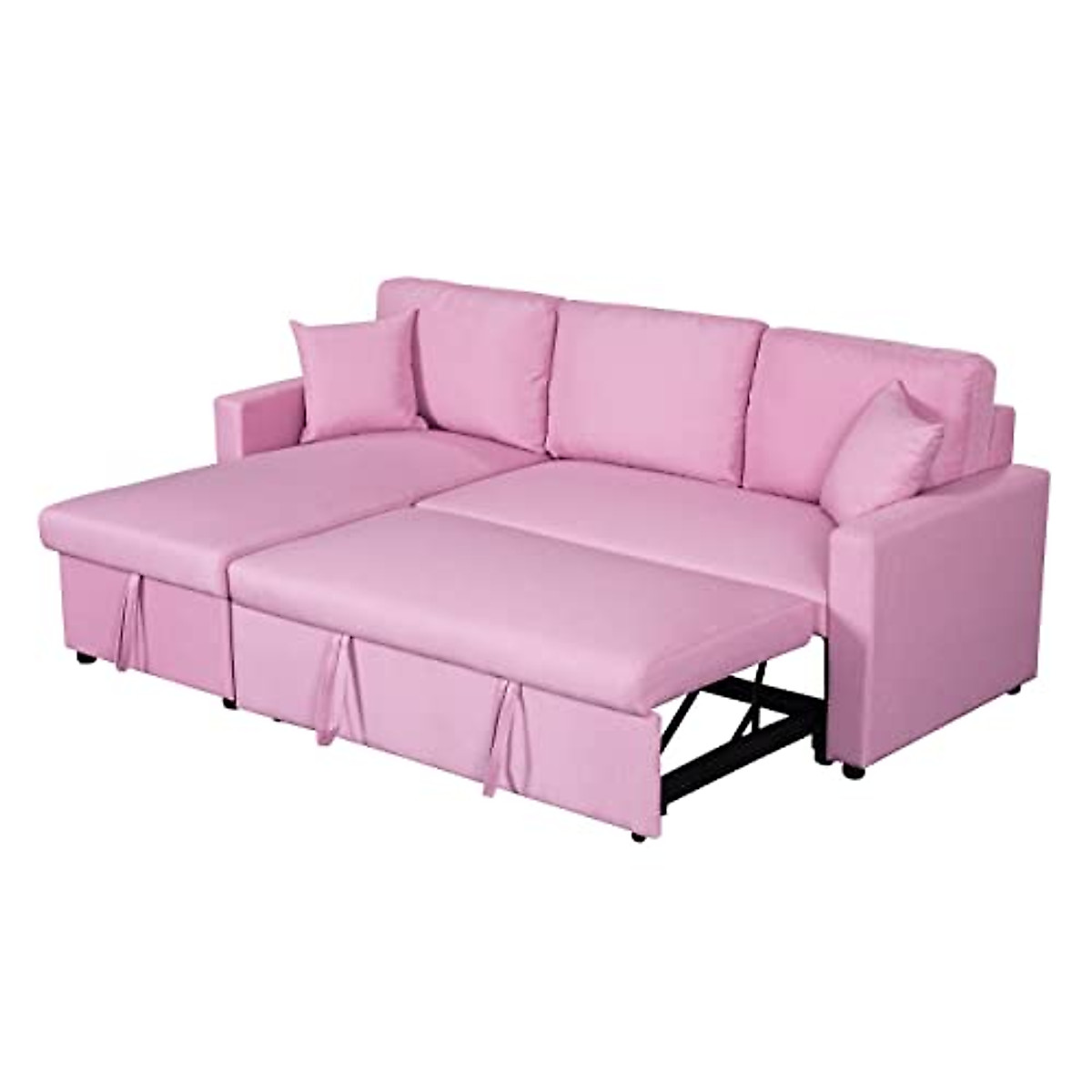 GLANZEND L-Shape Reversible Linen Sleeper Sectional Sofa with Storage Chaise, Corner Convertible Couch w/ 2 Throw Pillows for Living Room, Small Apartment, Dorm, Pink, 57 Inch