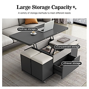 GraceNook 3 in 1 Mutifunction Coffee Table, Lift Top Coffee Table with 4 Seats, Coffee Table with Storage Lift Up Pu Stools,Coffee Table Converts to Dining Table for Living Room, Bedroom