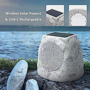 GGNOO Outdoor Speakers Bluetooth Waterproof IP44, Rock Speakers Solar Power and USB Rechargeable Outdoor Bluetooth,Twins Paring System,7 Colour Light Changeable Set for Deck Pool Yard Garden (2 Pack)