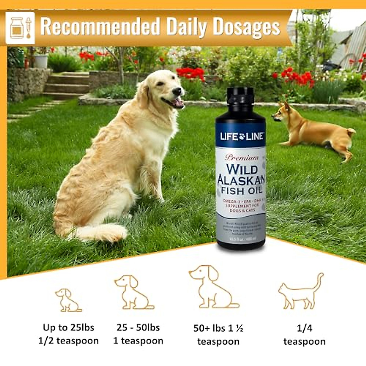 Life Line Pet Nutrition Wild Alaskan Fish Oil Omega-3 Supplement for Skin & Coat – Supports Brain, Eye & Heart Health in Dogs & Cats, 16.5oz