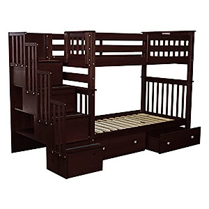 Bedz King Tall Stairway Bunk Beds Twin over Twin with 4 Drawers in the Steps and 2 Under Bed Drawers, Dark Cherry