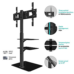 ONKRON Swivel Floor TV Stand for 32-65 Inch TV up to 66 lbs, Tempered Glass TV Stand with Mount max VESA 600x400 - Free Standing TV Stand Adjustable Height/Corner TV Stand with Shelves Black