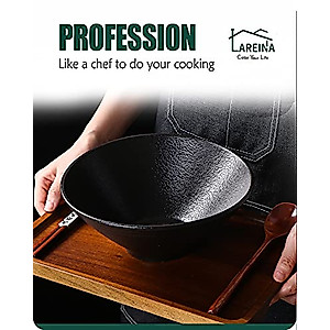 Lareina Ceramic Japanese Ramen Bowls, 2 Sets (6 Piece) 60 Ounce, Large Noodle Soup Bowl with Matching Chopsticks and Spoons for Asian Pho Udon Soba, Matting Black