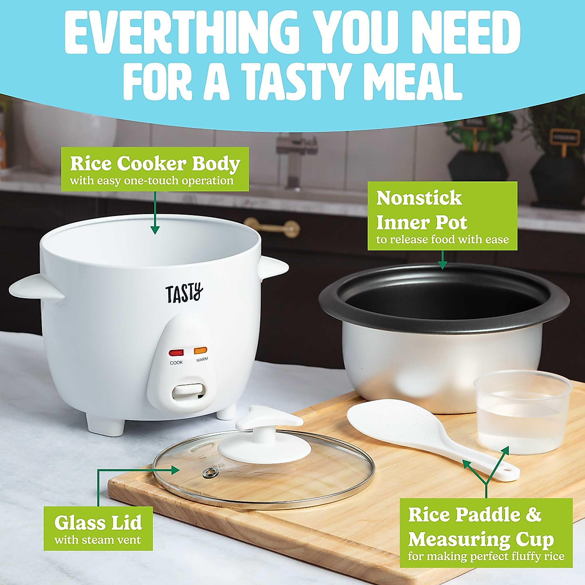 Tasty Mini Rice Cooker with Removable Nonstick Bowl and Auto Keep Warm Function, Great For Soups, Stews, Grains and Oats, 6 Cups Cooked (3 Cups Uncooked), 1.5-Quart, White