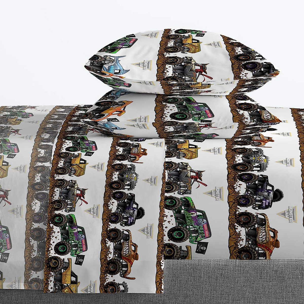 Jay Franco Monster Jam Tracks Twin Sheet Set - 3 Piece Set Super Soft and Cozy Kid’s Bedding Features Grave Digger & Megalodon - Fade Resistant Microfiber Sheets