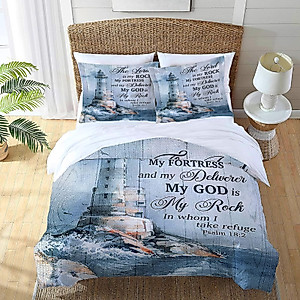 Christian Bedding Set Nautical Lighthouse Duvet Cover Twin Full Queen King Size Comforter Cover for Kids Adults Men Women Ocean Theme Quilt Cover Decorative Soft Bedding Set with 2 Pillowcases