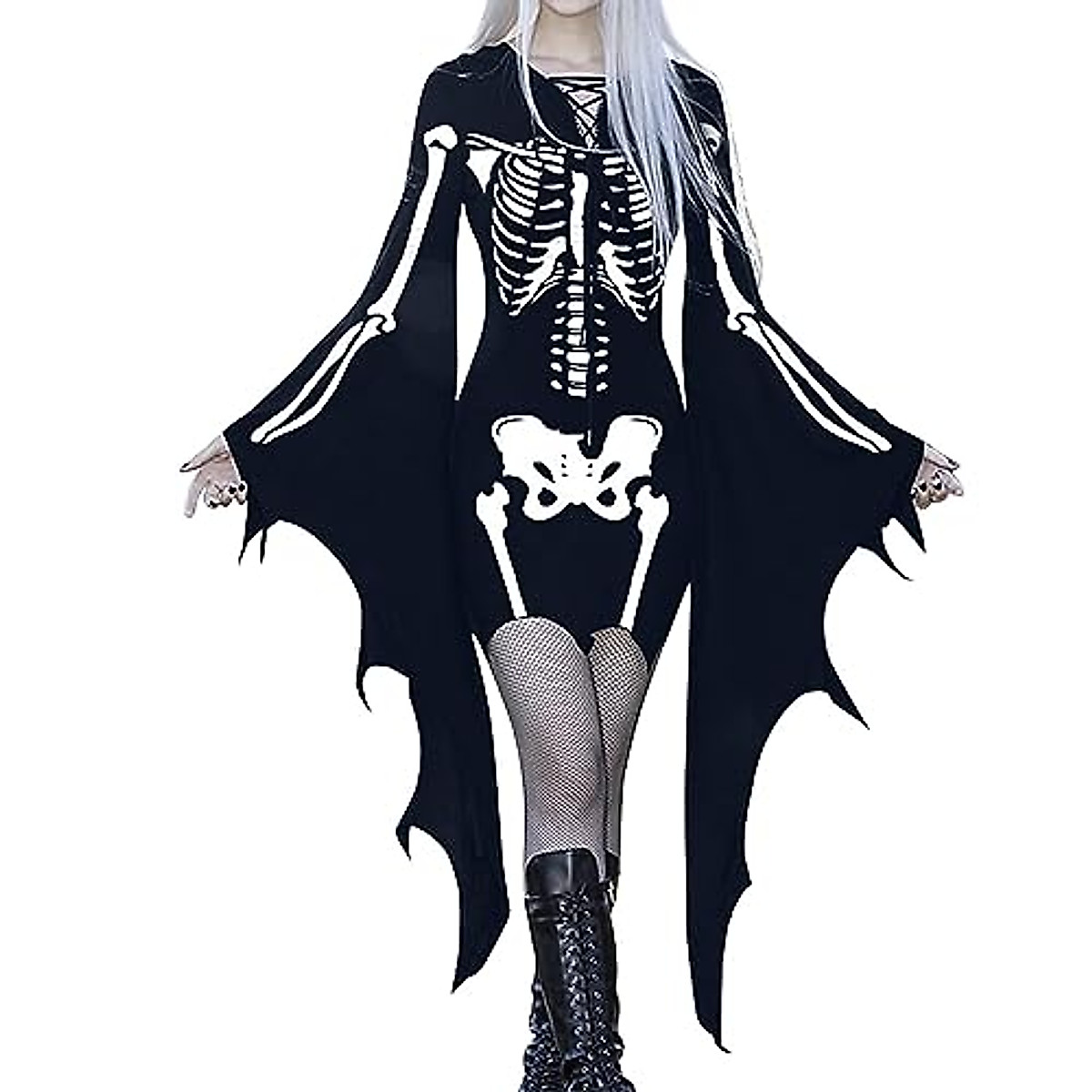 CRNTCEM Halloween Gothic Dress for Women Bat Sleeves Skull Print Vampire Gown Sexy Wrap Slim V-Neck Luxurious Skirt Steampunk Masquerade Ball Gown Cosplay Renaissance Dress Navy