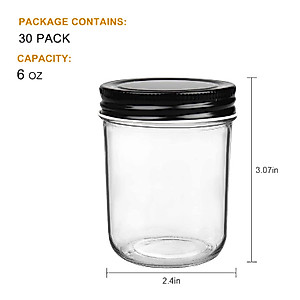 QAPPDA 6oz Glass Jars With Lids,Small Mason Jars Wide Mouth,Mini Canning Jars With Black Lids,Kitchen Storage Jars For Honey,Jam,Jelly,Baby Foods,Wedding Favor,Shower Favors,Spice Jars Set of 30