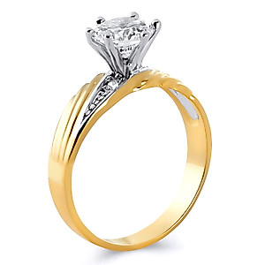 Wellingsale Ladies Solid 14k Two 2 Tone White and Yellow Gold Polished CZ Cubic Zirconia Round Cut Engagement Ring with Side Stones and Wedding Band Bridal Set - Size 4