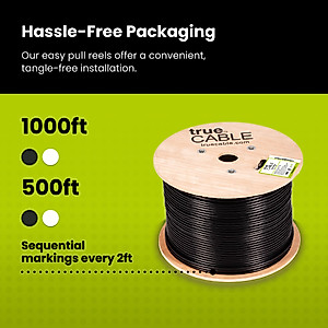 trueCABLE Cat6 Outdoor, Unshielded UTP, 1000ft, UV Resistant, CMX Rated, Black, 23AWG Solid Bare Copper, 550MHz, PoE++ (4PPoE), ETL Listed, Bulk Ethernet Cable