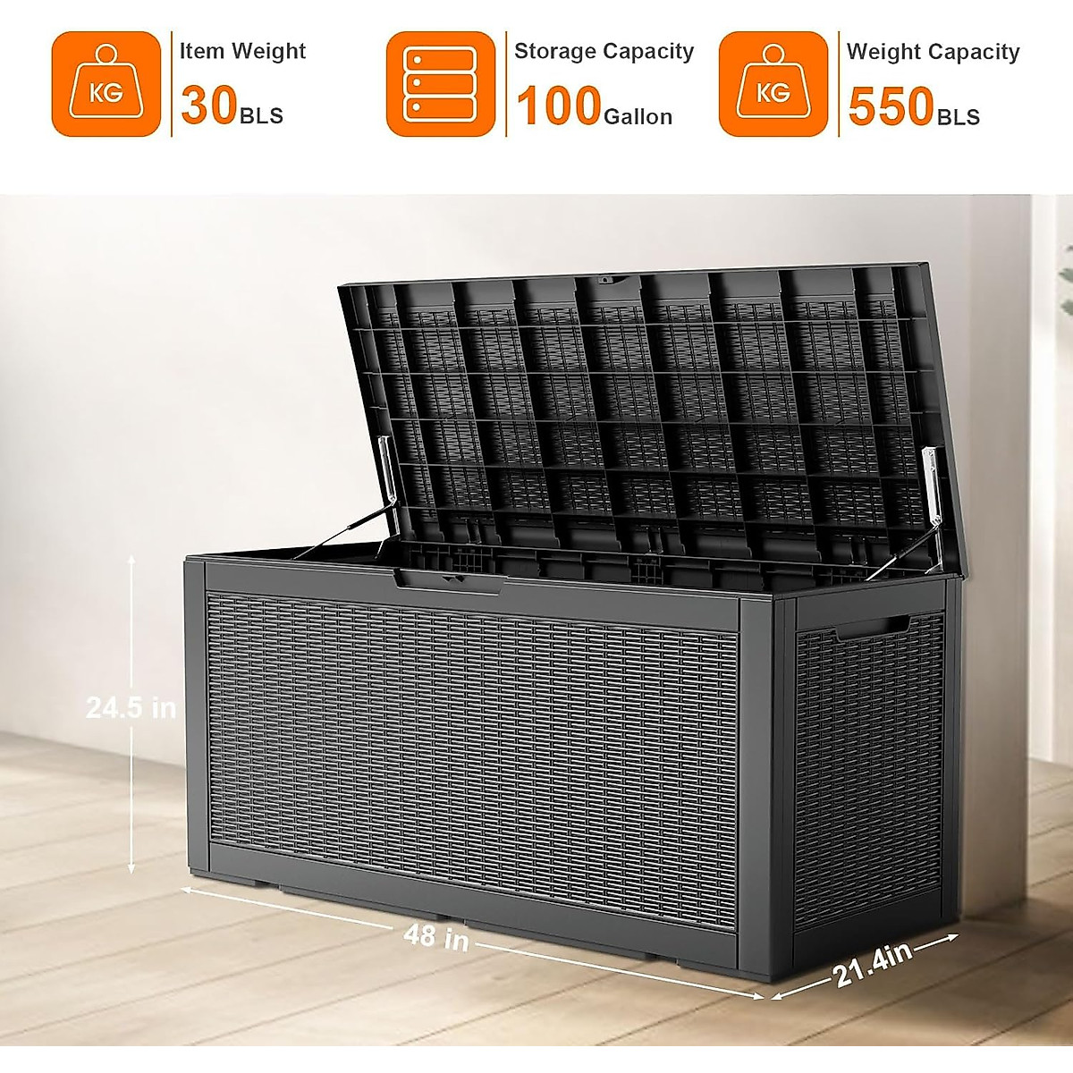 PatioZen 100 Gallon Deck Box,Resin Outdoor Storage Box with Lockable for Patio Furniture, Pool Accessories, Garden Tools Waterproof Outside Storage Box, Black