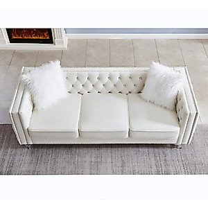 i-POOK 83" 3-Seater Chesterfield Sofa Couch, Tufted Upholstered Sofa with 2 Plush Pillows, Crystal Legs and Nailhead Trim Arms, Diamond Comfy Sofa for Living Room, Office, Guests Room, Beige